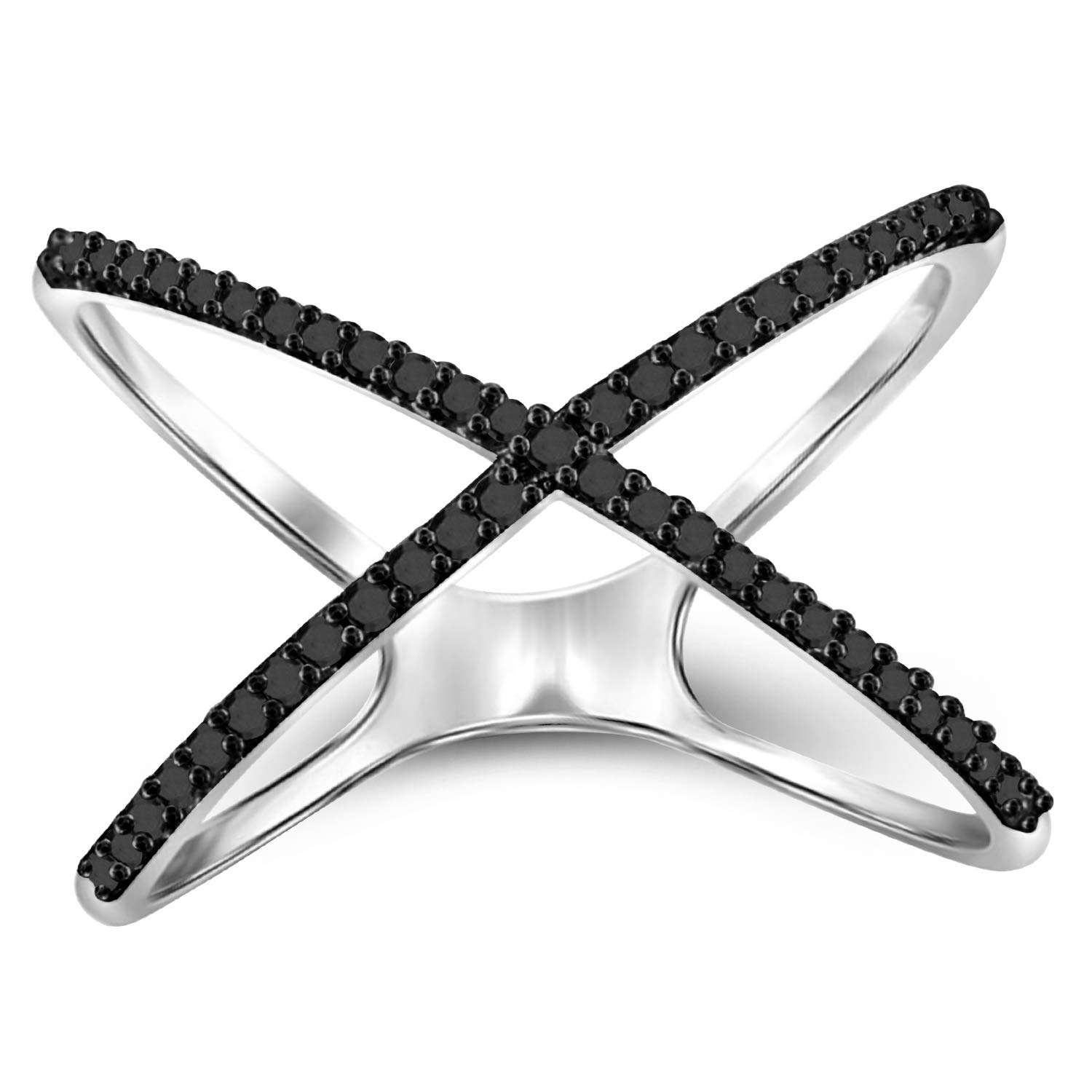 JEWELEXCESS Sterling Silver Criss Cross Ring โ 1/7 Carat Black Diamond Ring with .925 Sterling Silver X Ring โ Real Diamond Criss Cross Ring with Hypoallergenic Sterling Silver Ring Band