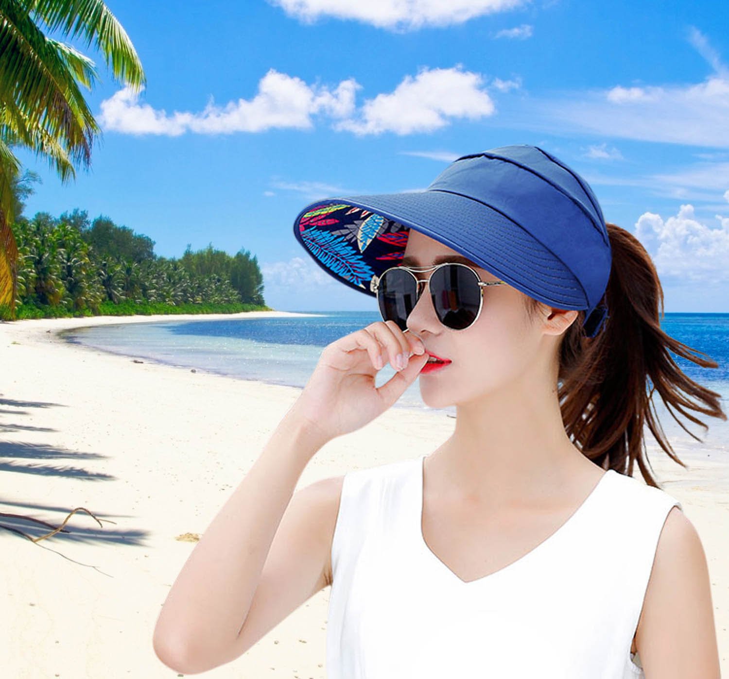 HINDAWI Sun Hat Sun Hats for Women Wide Brim Packable UV Protection Visor Floppy Womens Beach Summer Cap Navy
