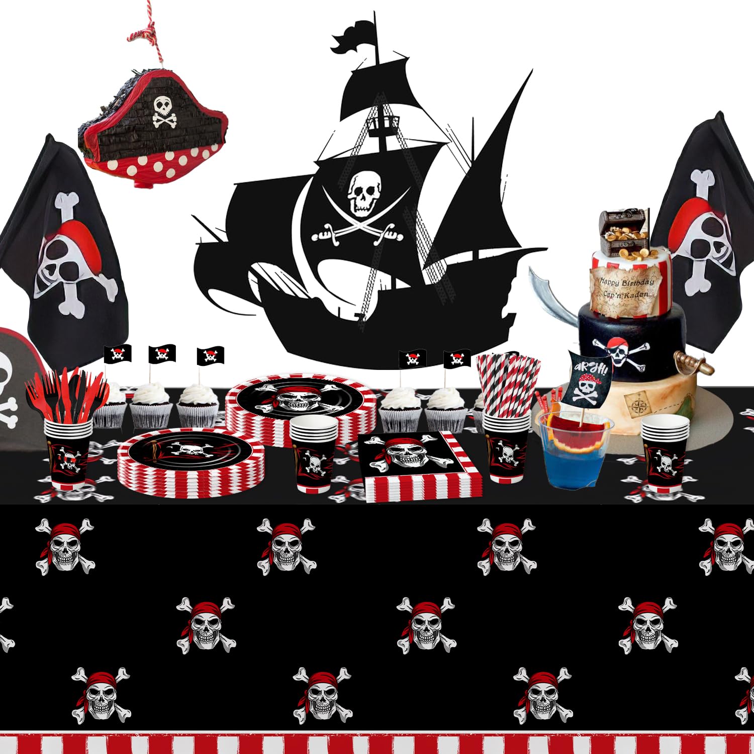 HIPVVILD Skull Pirate Birthday Party Supplies - Pirate Party Decorations Tableware, Plate, Cup, Napkin, Skull Theme Pirate Crossbone Plates And Napkins Party Decorations Dinnerware | Serve 24