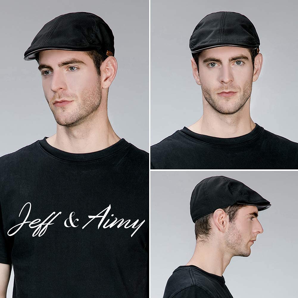 Jeff & Aimy Packable Cotton Flat Caps 1920s Gatsby Newsboy Driving Hunting Irish Cabbie Hat for Men Ivy Black Medium