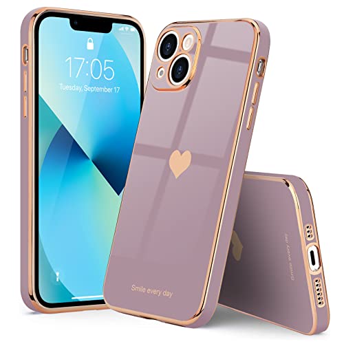Teageo for iPhone 13 Mini Case for Women Girl Cute Love-Heart Luxury Bling Plating Soft Back Cover Raised Full Camera Protection Bumper Silicone Shockproof Phone Case for iPhone 13 Mini, Lavender