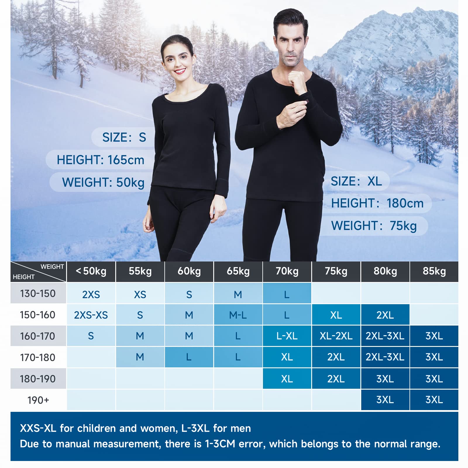 J JINPEI Heated Thermal Underwear Top + Heated Pant for Men Women (XXL) Black