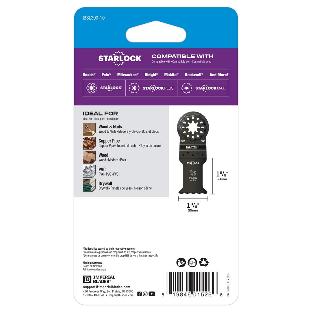 Imperial Blades IBSL300-10 Starlock 1-3/8" Standard Wood & Nails Oscillating Multi-Tool Blade, 10PC