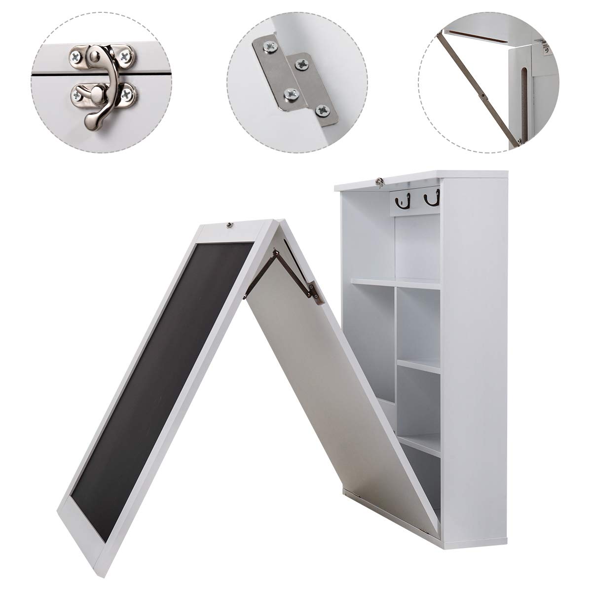 JAXSUNNY Modern Space-Saving Fold Out Convertible Floating Compact Wood Wall-Mounted Folding Desk with Multiple Storage Compartments for Home and Office,Blackboard, White and Black