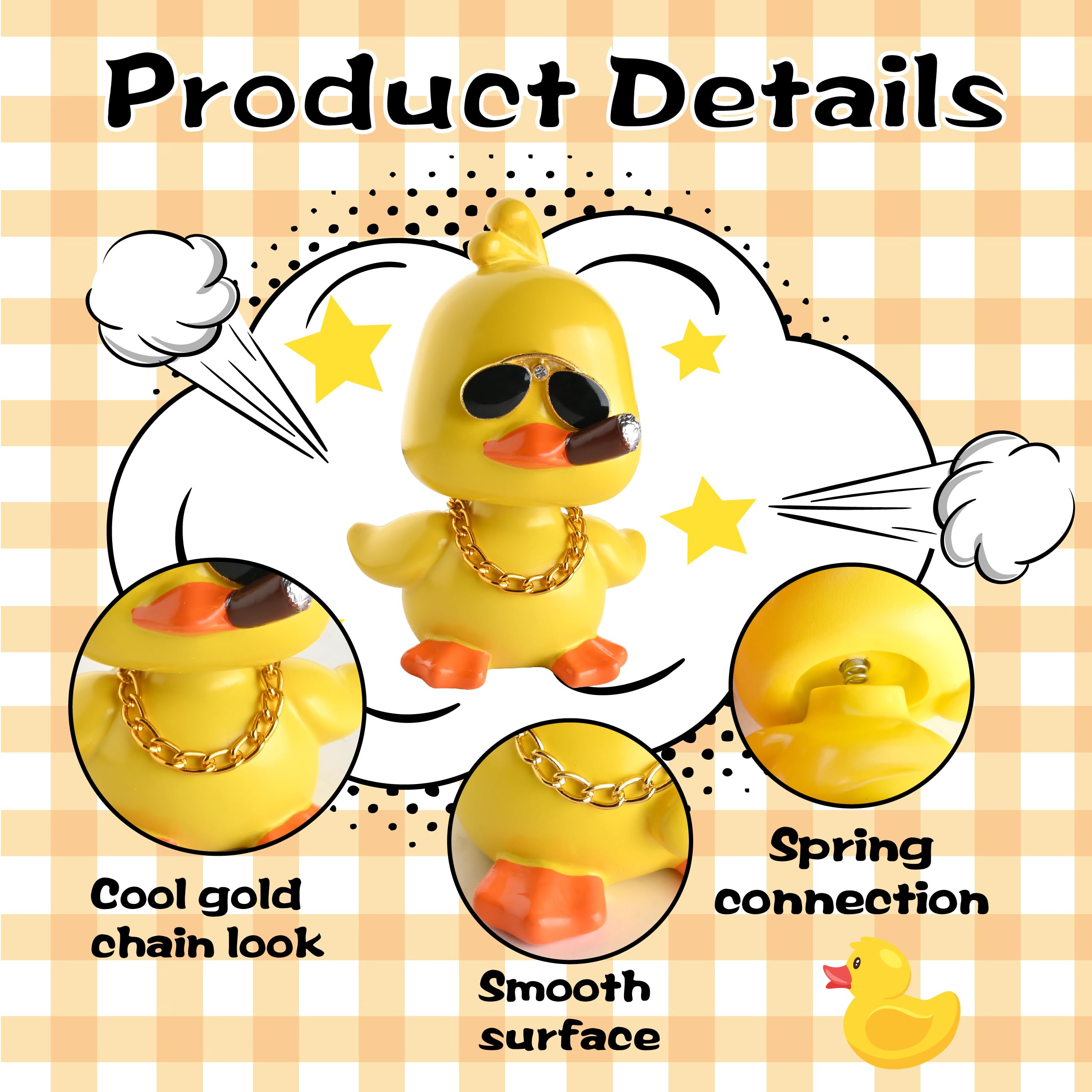 JARHOT Cute Yellow Duck Car Decorations Cool Car Dashboard Ornaments Funny Smoking Car Ducks Cars Shaking Head Doll for Resin Car Decorations Interior