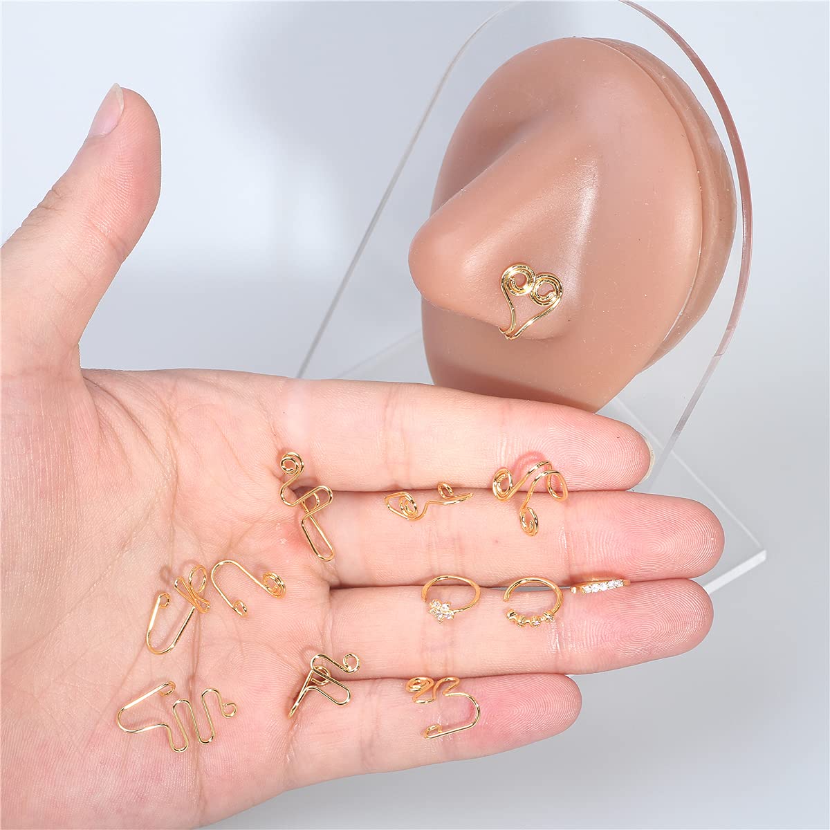 KARYOKO 12pcs Nose Cuff Non piercing Fake Nose Rings for Women African Nose Cuff Ear Cuff Clip on Nose Ring Set (Silver)