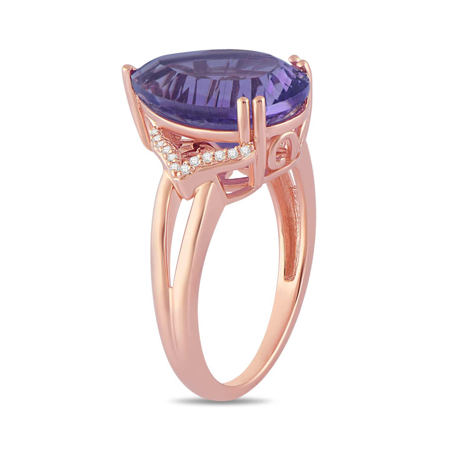 Jewelili 10K Rose Gold 14x10 MM Concave Pear Shape Amethyst and Natural White Round Diamond Accent Ring, Size 7