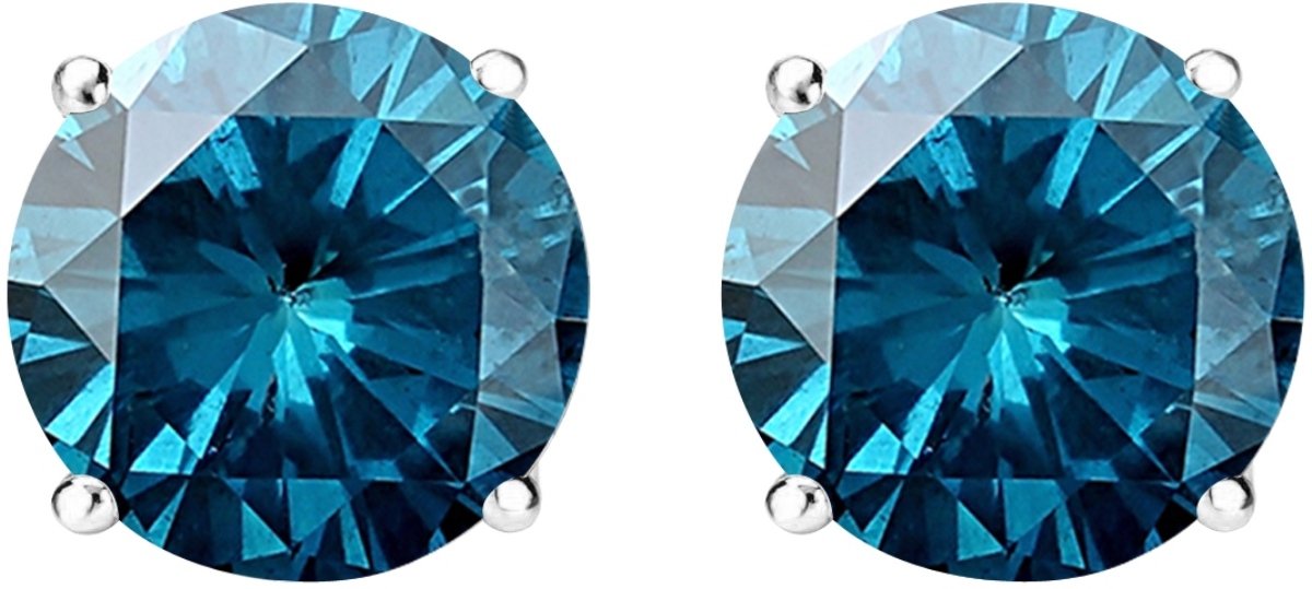 Houston Diamond District 1 Carat Total Weight Blue Solitaire Stud Earrings Pair 14K White Gold Popular Premium Collection 4 Prong Screw Back
