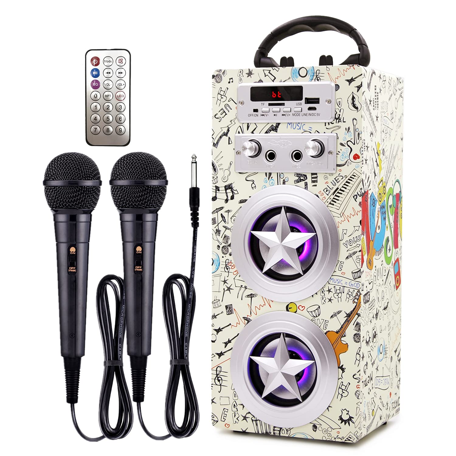 IndeCool Kids Bluetooth Karaoke Machine with 2 Microphones, Rechargeable Remote Control Wireless Karaoke Speaker Portable Karaoke Machine Music MP3 Player for Kids Adult Party Gift (Silver)