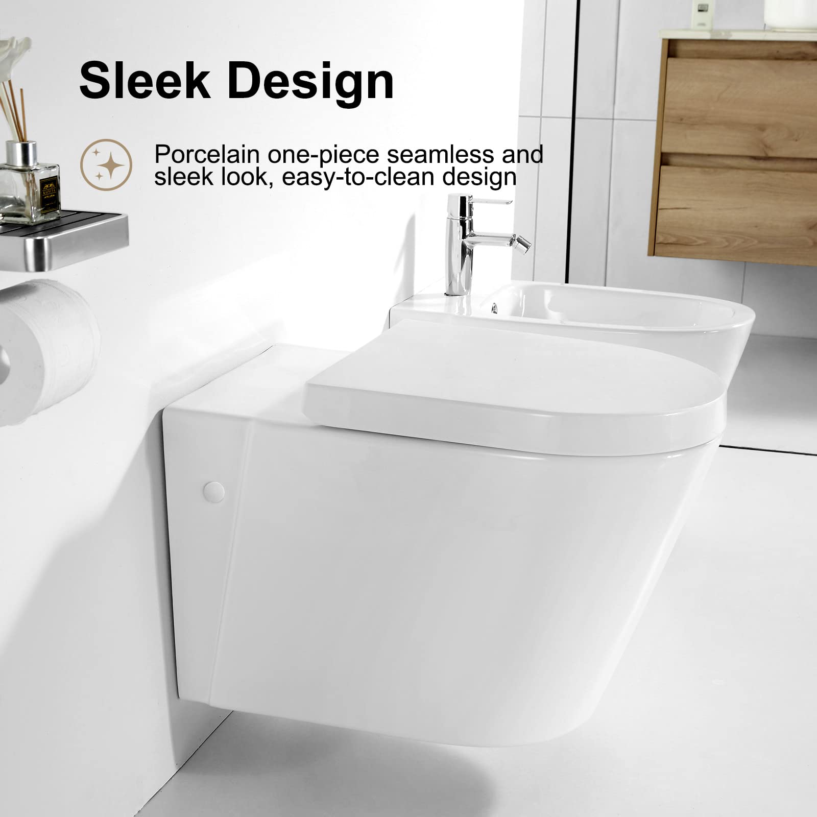 HOROW Wall Hung Toilet HR-TG02W, Compact Wall Mounted Toilet with Soft Closing Seat, 1.6 GPF/1.1 GPF Dual Flush Ceramic Round Wall Toilet for Bathroom, White Toilet Bowl