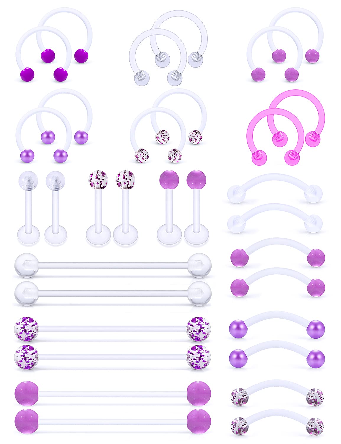 Jenxnjsjo Clear Lip Septum Rings Industrial Eyebrow Smiley Piercing Jewelry Plastic Cartilage Helix Tragus Daith Earrings Purple Vertical Labret Medusa Retainers Kits for Surgery Work Sports