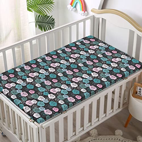 Roses Themed Fitted Crib Sheet,Standard Crib Mattress Fitted Sheet Soft & Stretchy Fitted Crib Sheet-Crib Mattress Sheet or Toddler Bed Sheet,28β x52β,Baby Pink Cadet Blue