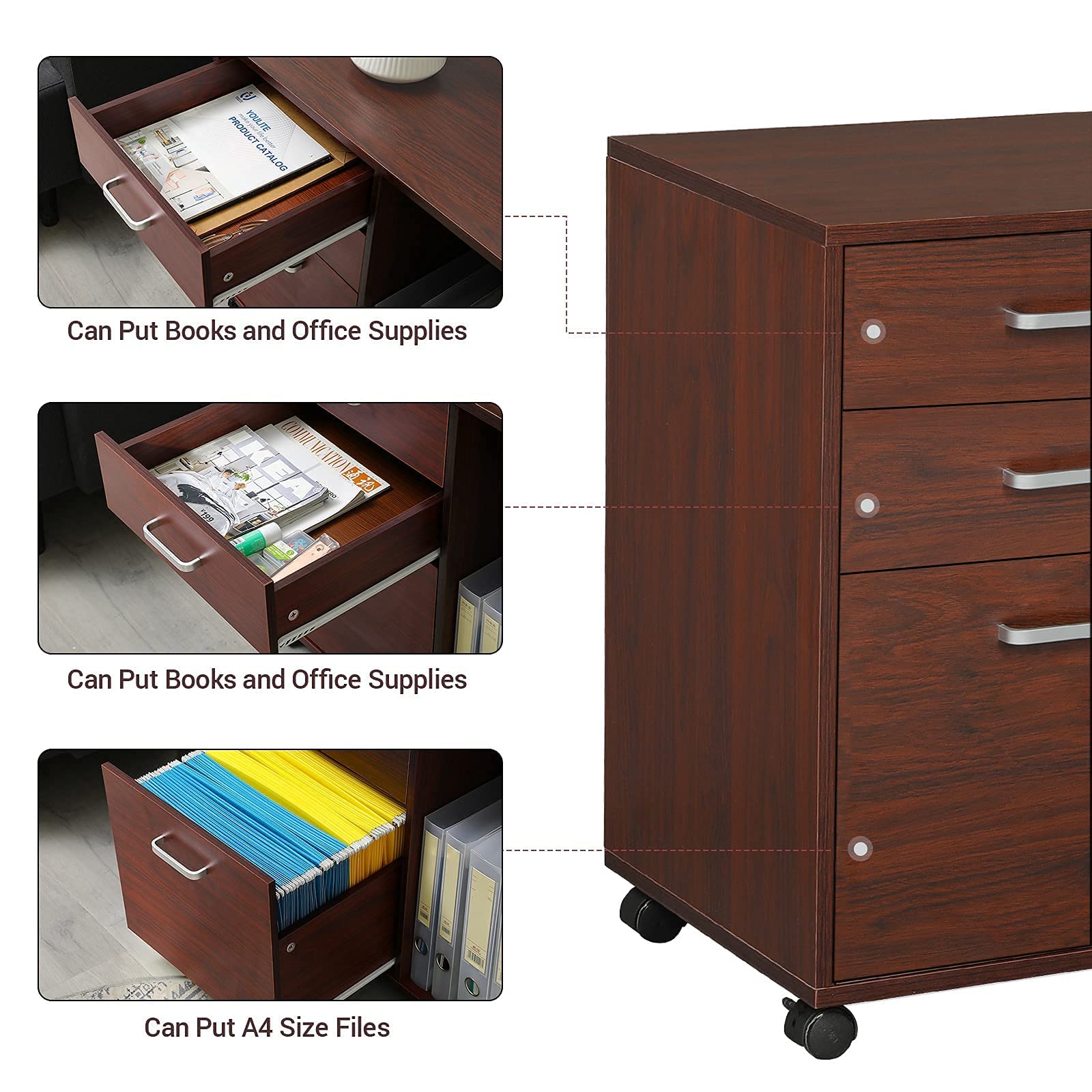 Itaar 39" Wood File Cabinets for Home Office 3 Drawers, Office Printer Stand with Storage, Rolling Lateral Filing Cabinet on Wheels, Cherry Red