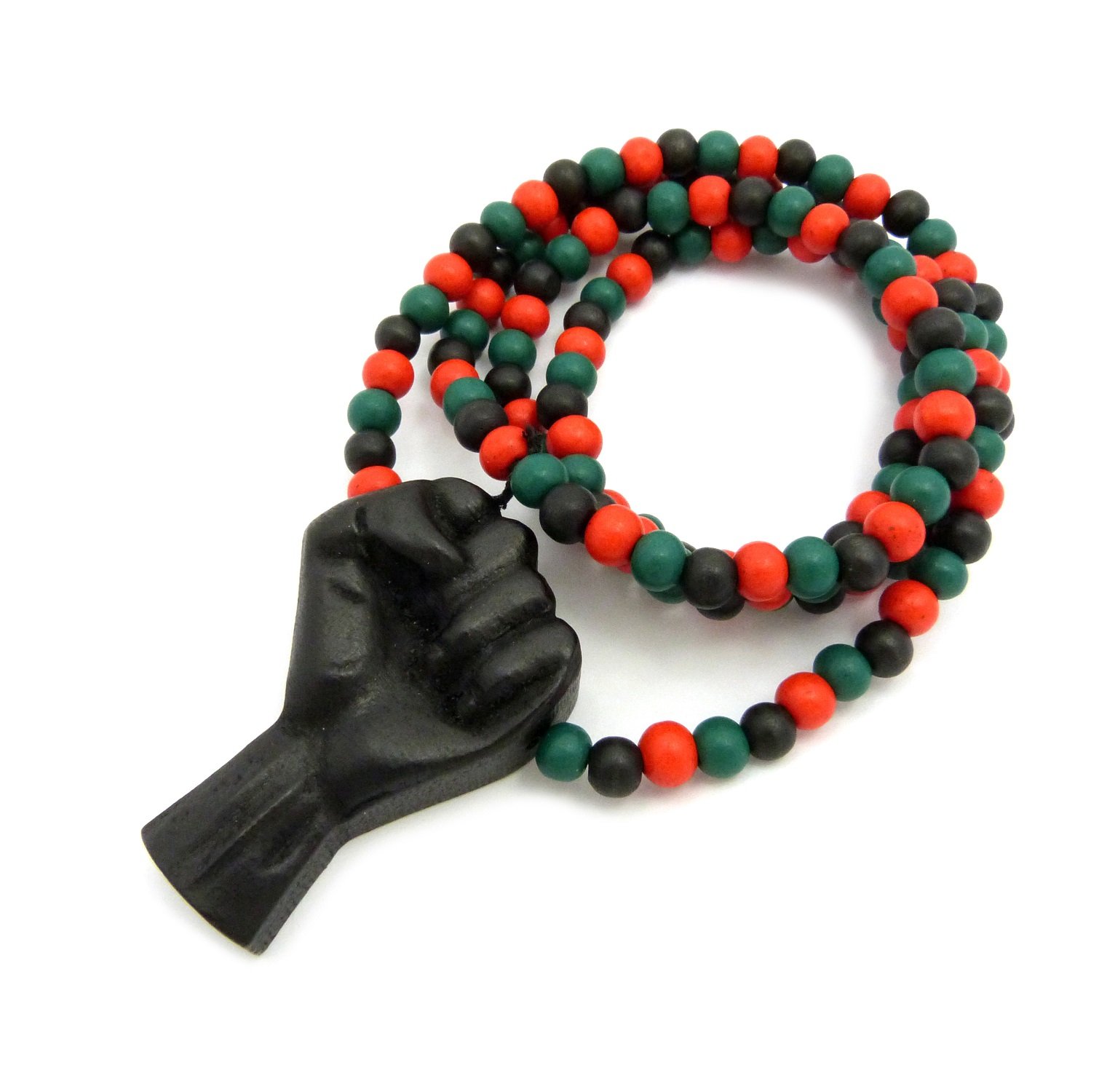 Hip Hop Rising Fist Pendant 8 mm 24, 27, 30 inches Wooden Bead Necklace (Multi Beads, 36)