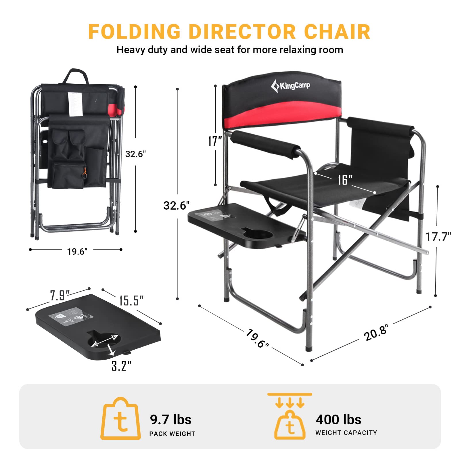 KingCamp Heavy Duty Camping Director Chair for Adults Folding Oversized Outdoor Lawn Foldable with Side Table and Pockets Padded Seat, Supports 400lbs, One Size, Black/Red-2 Pack