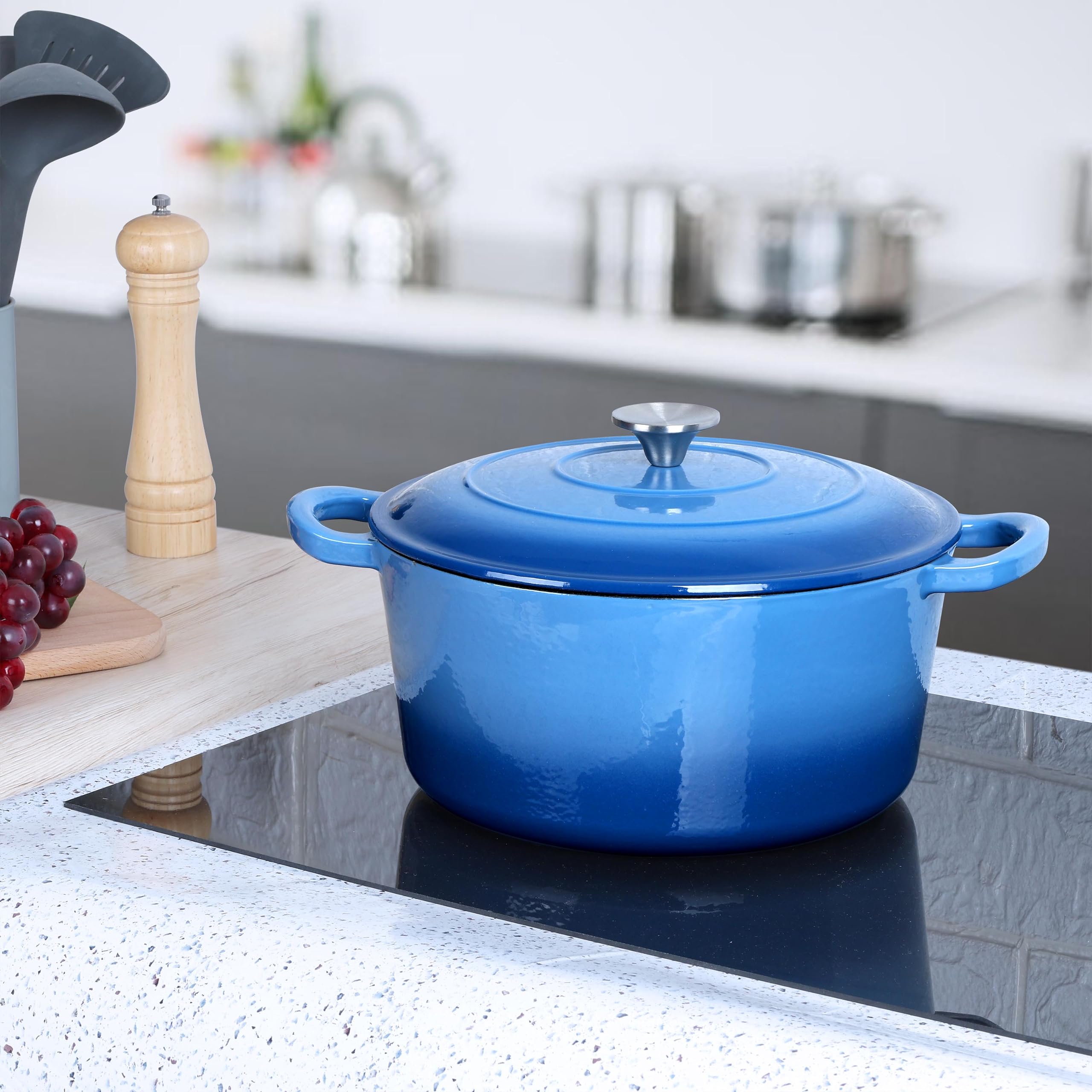 Herogo 6 Quart Enameled Cast Iron Dutch Oven with Lid, Round Dutch Oven Pot with Dual Handles for Bread Baking Stewing Roasting Blue
