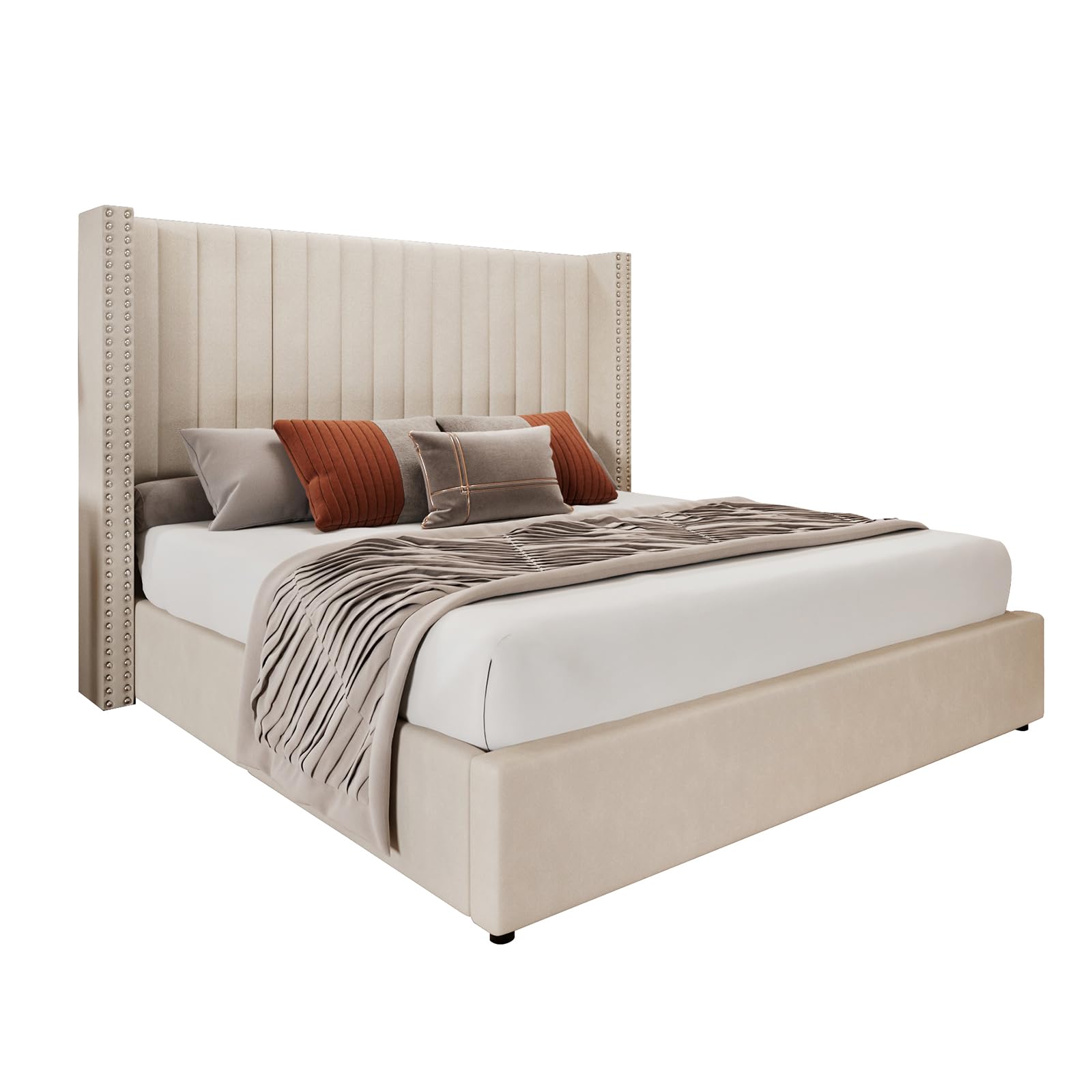 Jocisland Lift up Storage Bed Frame King Size, Upholstered Platform Bed Velvet with Channel Tufted Wingback Headboard, No Box Spring Needed, Cream