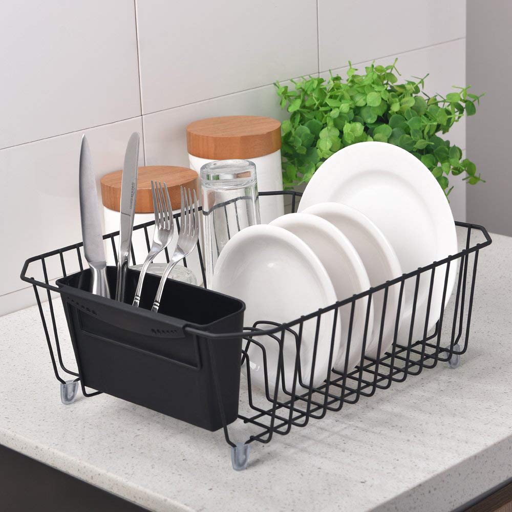 IKEBANA Black Simplicity Dish Drying Rack, Stainless Steel Dish Racks Rustproof for Kitchen Counter, Kitchen Chrome Finish Wire Dish Rack, Small Dish Drainer Rack with Removable Cutlery Holder