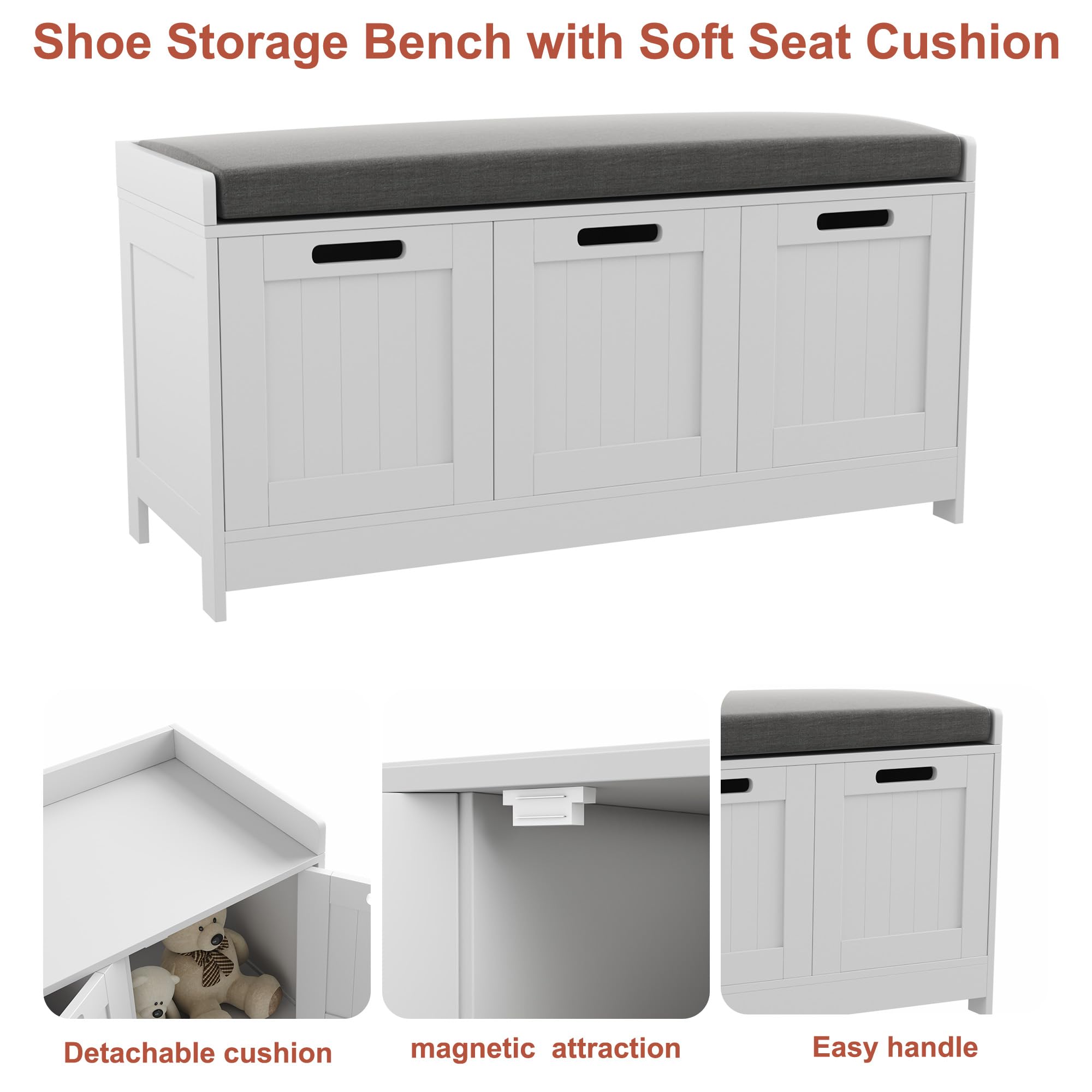 HOMEFORT Shoe Storage Bench, Wooden Shoe Bench with 3-Door Cabinets, Entry Way Home Organizer Bench, Entryway Bench with Padded Cushion Seat, White Storage Bench for Bedroom