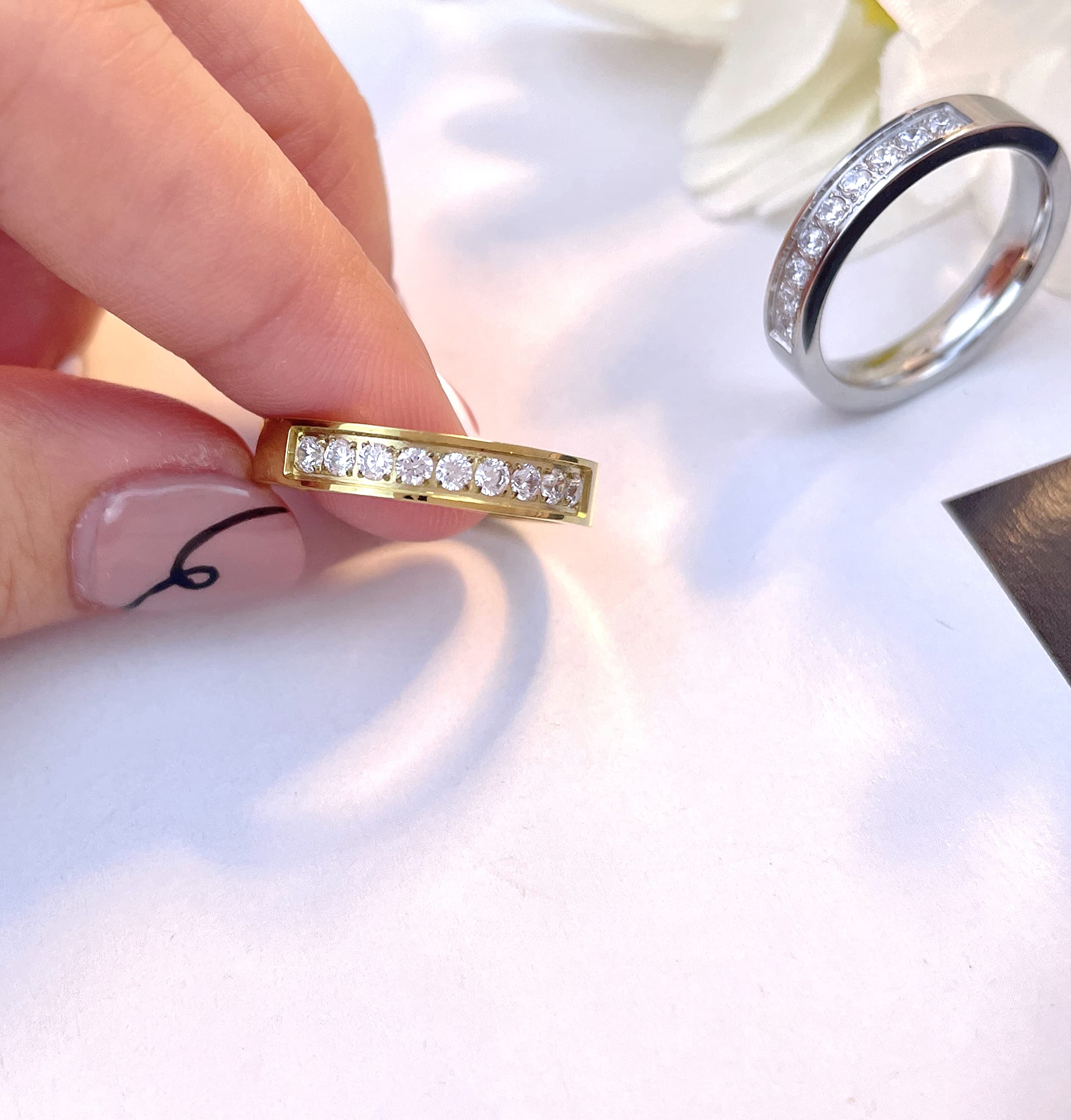 MYNENEY 14K Gold/Silver Plated Wedding Band Cubic Zirconia Eternity Stackable Engagement Ring For Women (4MM- 9 Diamonds-Gold, 8)