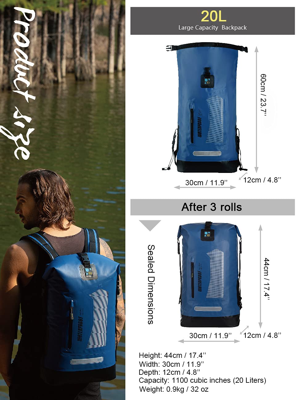 IDRYBAG Waterproof Backpack Dry Bag 20L/30L/40L, Floating Dry Backpack Waterproof for Men, Dry Sack Waterproof Bag for Backpacking Kayak