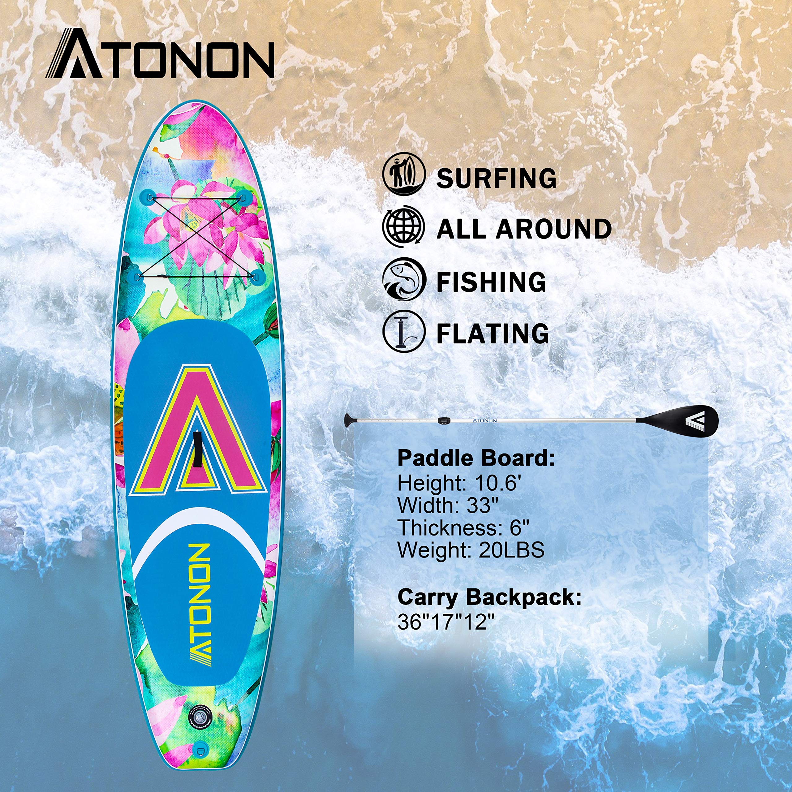 Inflatable Stand Up Paddle Board 10.6'×33''×6''(6''Thick) Non-Slip Double Deck with Premium SUP Accessories Backpack | Adjustable Paddle, Pump, Leash, Bottom Fins for Youth Adults Beginner