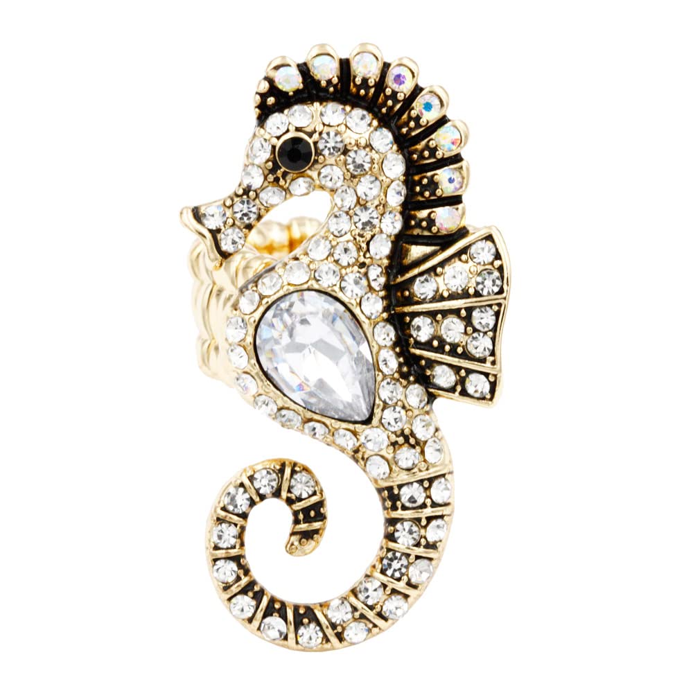 Lavencious Seahorse Design Rhinestone Stretch Statement Ring for Women Size for 7-9