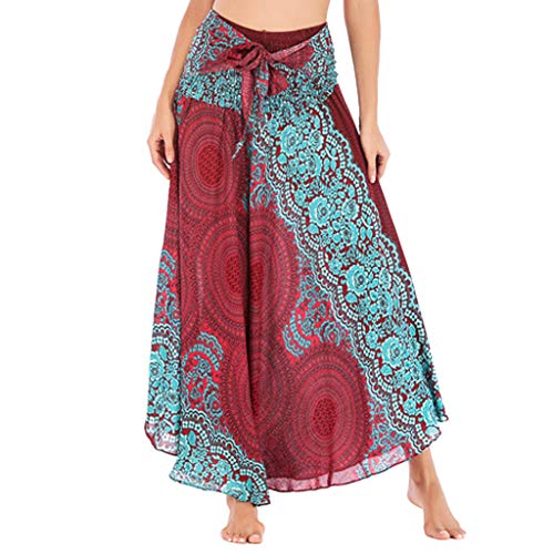 Long Skirts for Women Fall with Pockets Elegant Waist Boho Floral Flowers Elastic Gypsy Halter Bohemian Hippie Skirt Red