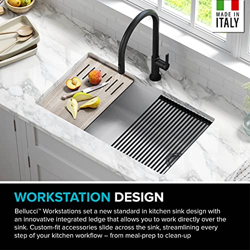 KRAUS Bellucci Workstation 32 in. Undermount Granite Composite Single Bowl Kitchen Sink in White with Accessories with WasteGuard™ Continuous Feed Garbage Disposal, KGUW1-33WH-100-75MB