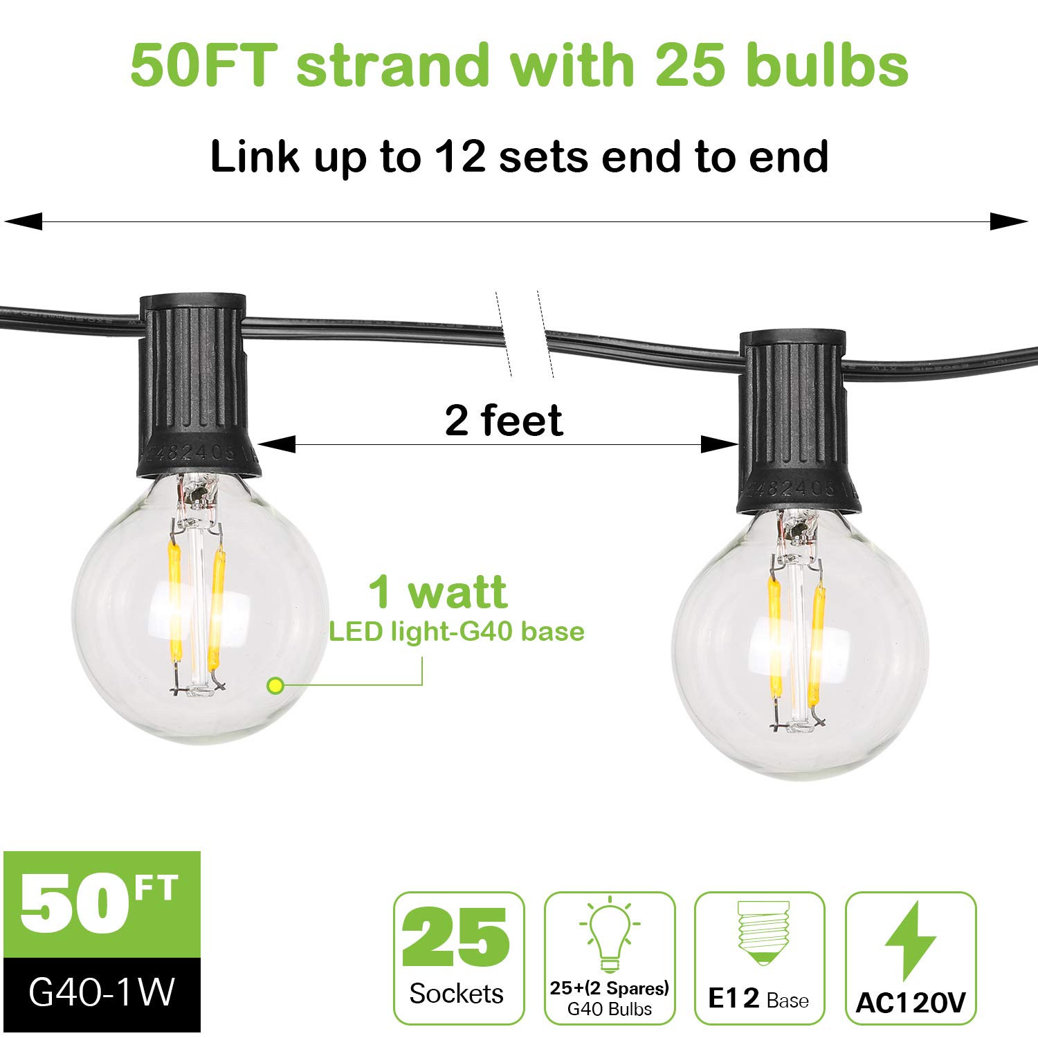 hykolity 50FT LED Outdoor Globe String Lights with 25 Hanging Sockets, Dimmable 27x1W Vintage Edison Bulbs(2 Spare), Warm White Waterproof Patio String Lights for Garden Backyard Bistro Pergola
