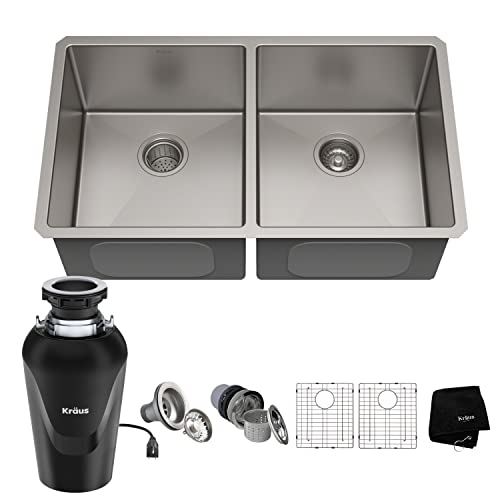 KRAUS Standart PRO™ 33-inch 16 Gauge Undermount 50/50 Double Bowl Stainless Steel Kitchen Sink with WasteGuard™ Continuous Feed Garbage Disposal, KHU102-33-100-75MB