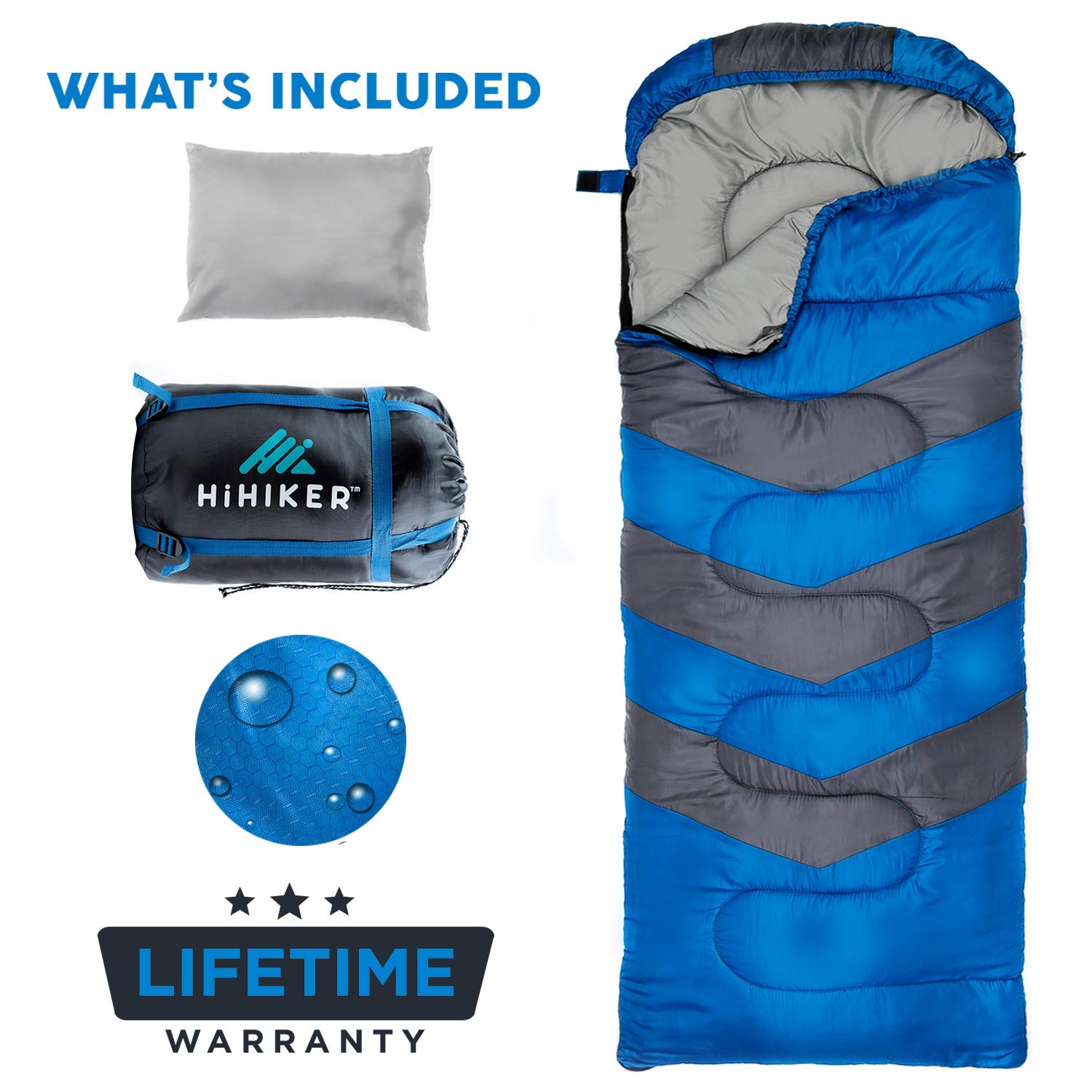 HiHiker Camping Sleeping Bag + Travel Pillow w/Compact Compression Sack – 4 Season Sleeping Bag for Adults & Kids – Lightweight Warm and Washable, for Hiking Traveling & Outdoor Activities (Blue)