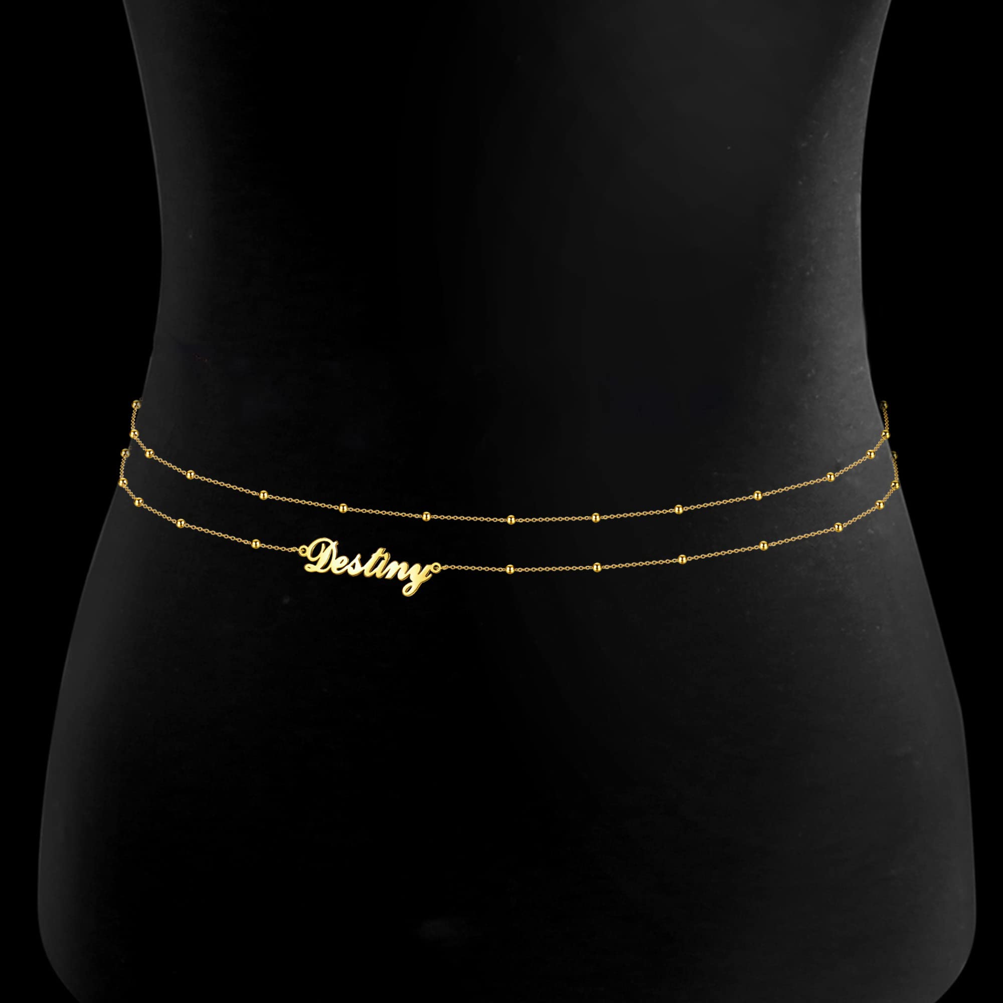 Jewenova Name Waist Chain Personalized Custom Name Date Beach Bikini Sexy Body Chain Jewelry for Women