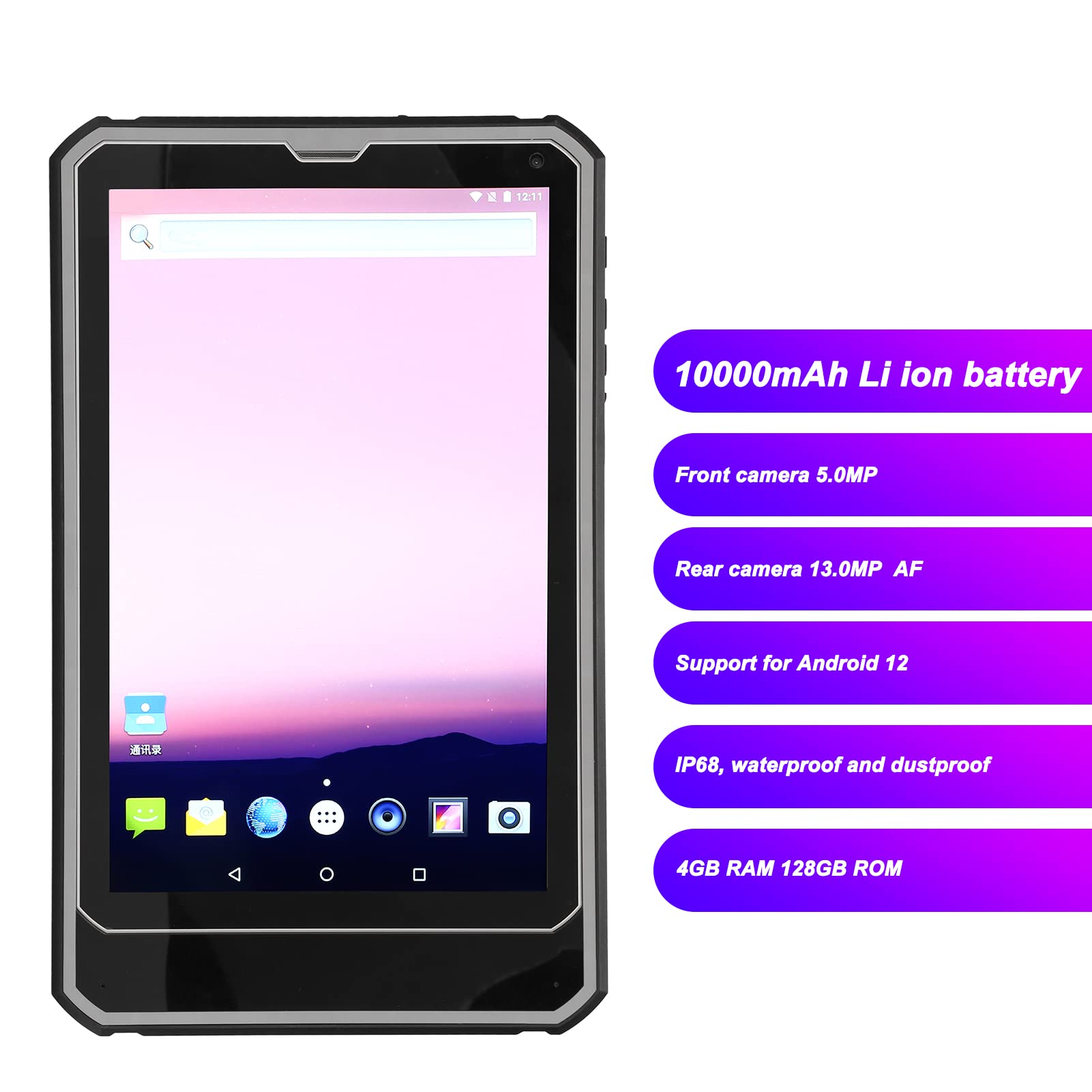 Rugged 10.1 Inch Tablet Tablet Holder 4G Net 100240V Rear Camera 13.0MP AF IP68 Waterproof 4GB RAM 128GB ROM for Industrial Storage (US Plug)