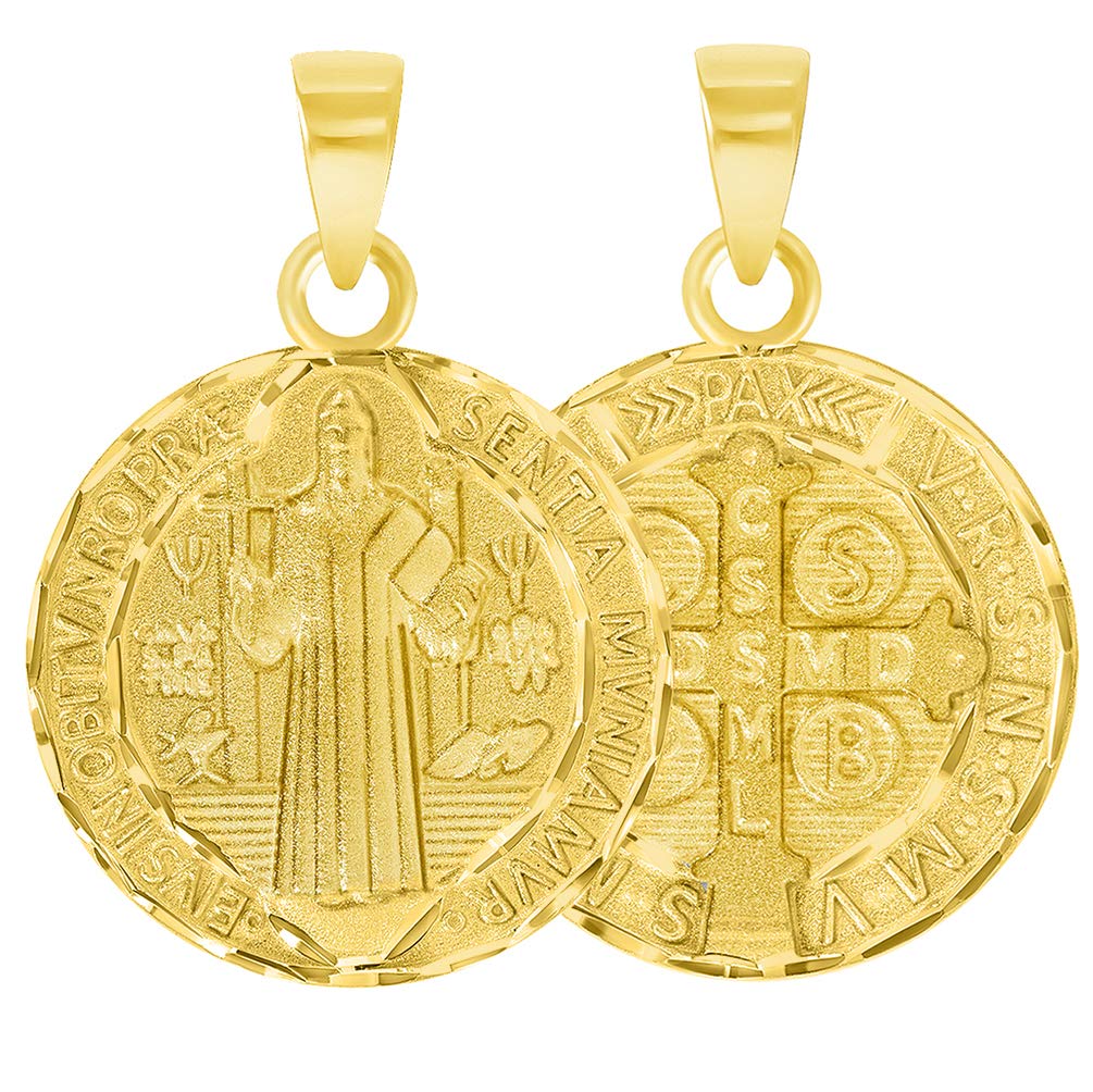 Jewelry America Solid 14k Yellow Gold Round Shaped St. Benedict Medallion Charm Pendant with Cable Chain Necklace, 20"
