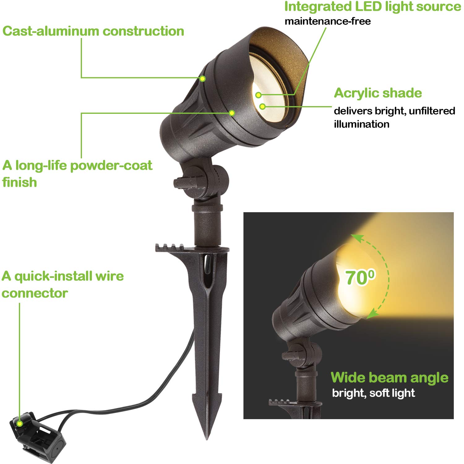hykolity Low Voltage LED Landscape Spotlight, 10W 390LM 12V Wired for Outdoor Yard Lawn, Die-cast Aluminum Construction, 50-Watt Equivalent 15-Year Lifespan, 4 Pack