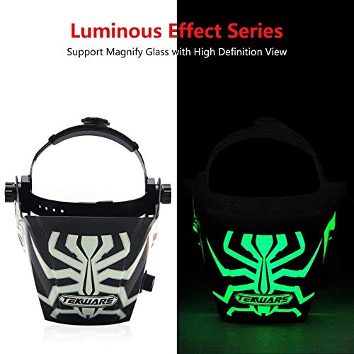 JSungo Welding Helmet Solar Powered, Luminous Auto Darkening Weld Hood with An Extra Clear Lens, Variable Shade Range 4/9-13 for TIG MIG Arc Welder Mask (Spider)