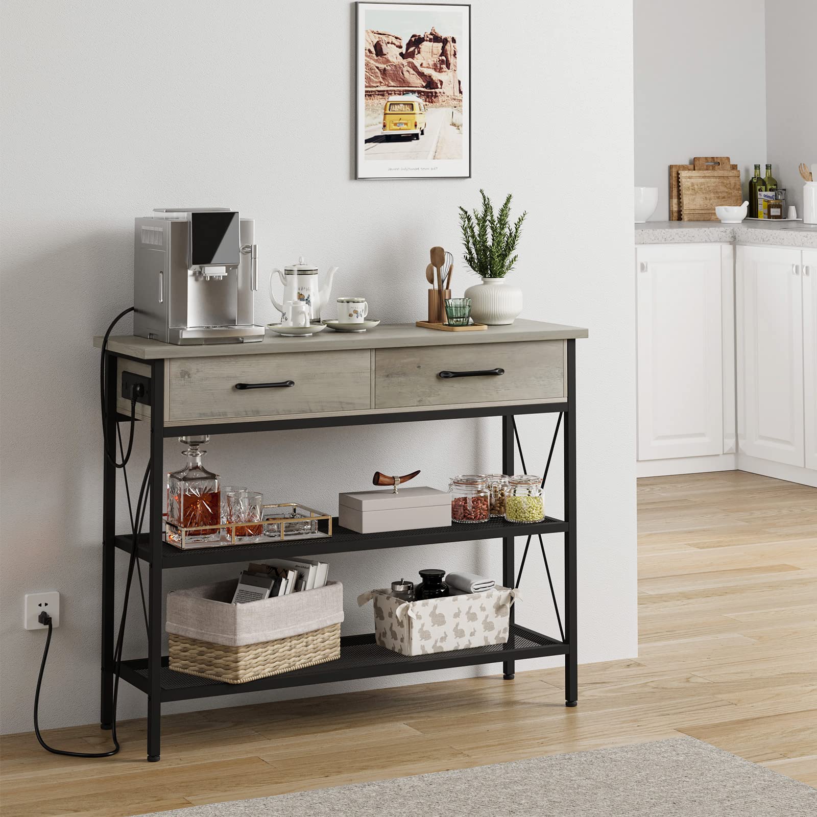 IDEALHOUSE Console Table with Storage, 39.3'' Entryway Table with 2 Drawers, Grey Behind Sofa Table, Console Table with Outlet for Living Room, Couch, Hallway, Foyer, Entryway, Kitchen-3 Tier
