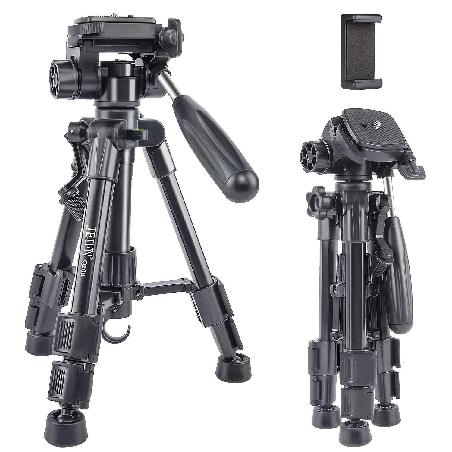 JEIFN Q100 Tabletop Camera Tripod for Travel and Indoor with 3-Way Pan Head, 1/4 inches Quick Release Plate and Phone Clip for DSLR Camera (Black)