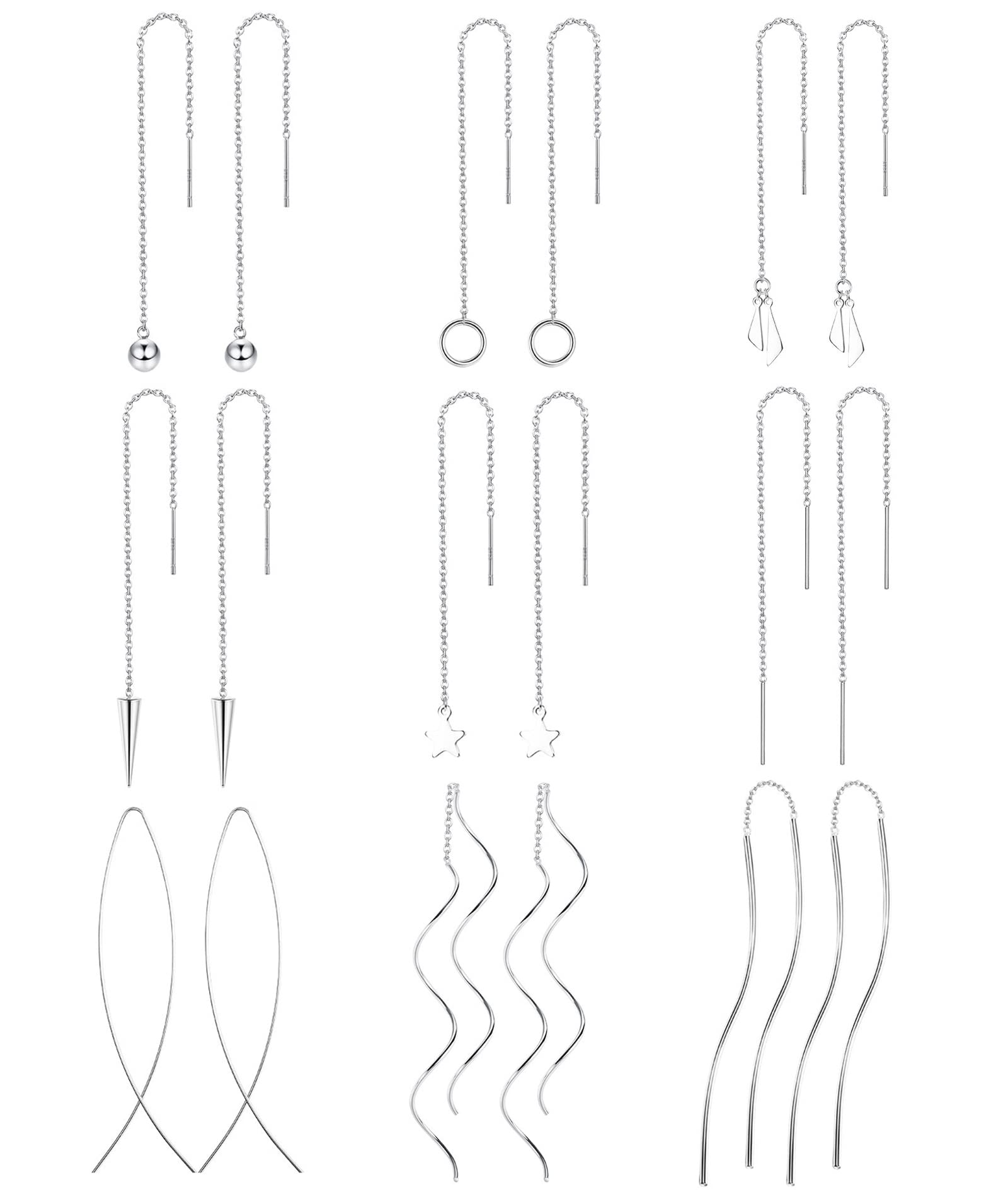 JOERICA 9 Pairs Threader Earrings for Women Stainless Steel Chain Tassel Earrings Lightweight Wave Threader Ball Dangle Drop Minimalist Chain Earrings Set