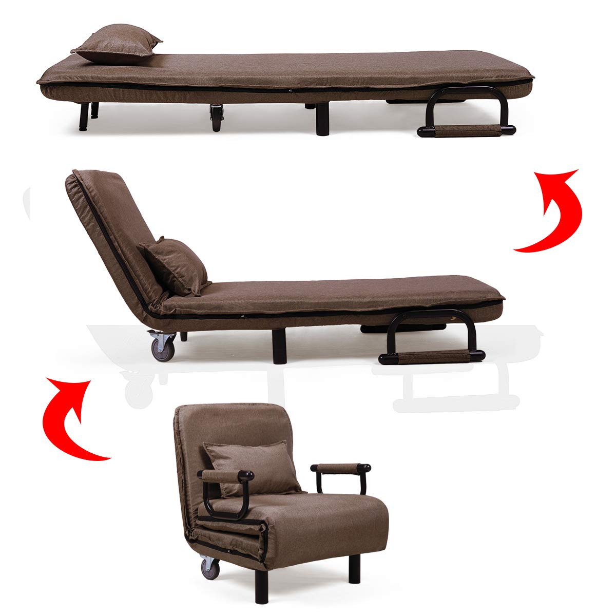 JAXPETY Sofa Bed Folding Arm Chair Convertible Sleeper Chair, Leisure Recliner Lounge Couch with Pillow and 5 Position Adjustable Backrest for Home Office