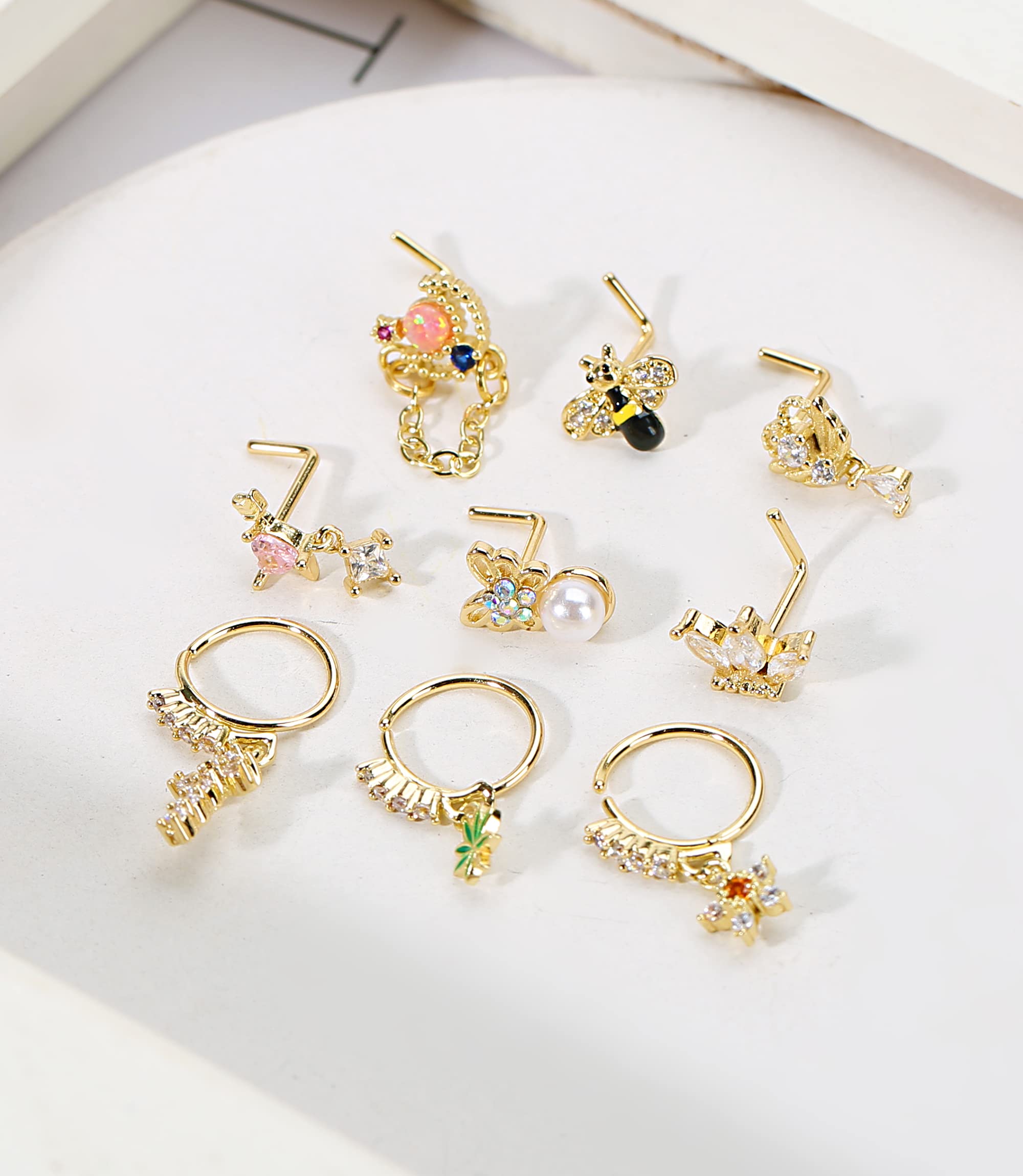 MJust 20G Dangle Nose Ring L Shaped Dangling Nose Stud for Women Stainless Steel Nose Ring Studs CZ Flower Dangle Nose Rings Hoops Nose Piercing Jewelry with Charm(Gold)