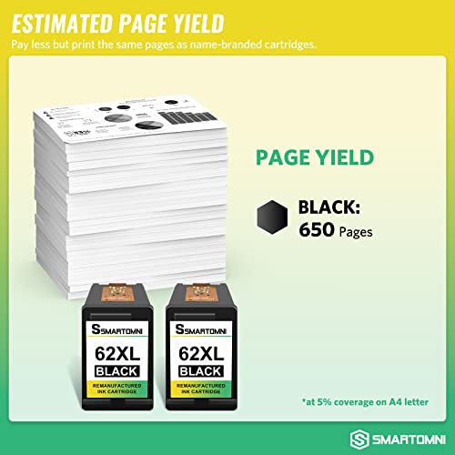 S SMARTOMNI 62XL Black Ink Cartridge Replacement for HP 62 62XL Ink Cartridges Combo Pack Black for HP OfficeJet 5740 5745 5746 8040 200 250 HP Envy 5545 5660 5665 7640 (2 Pack, Black)