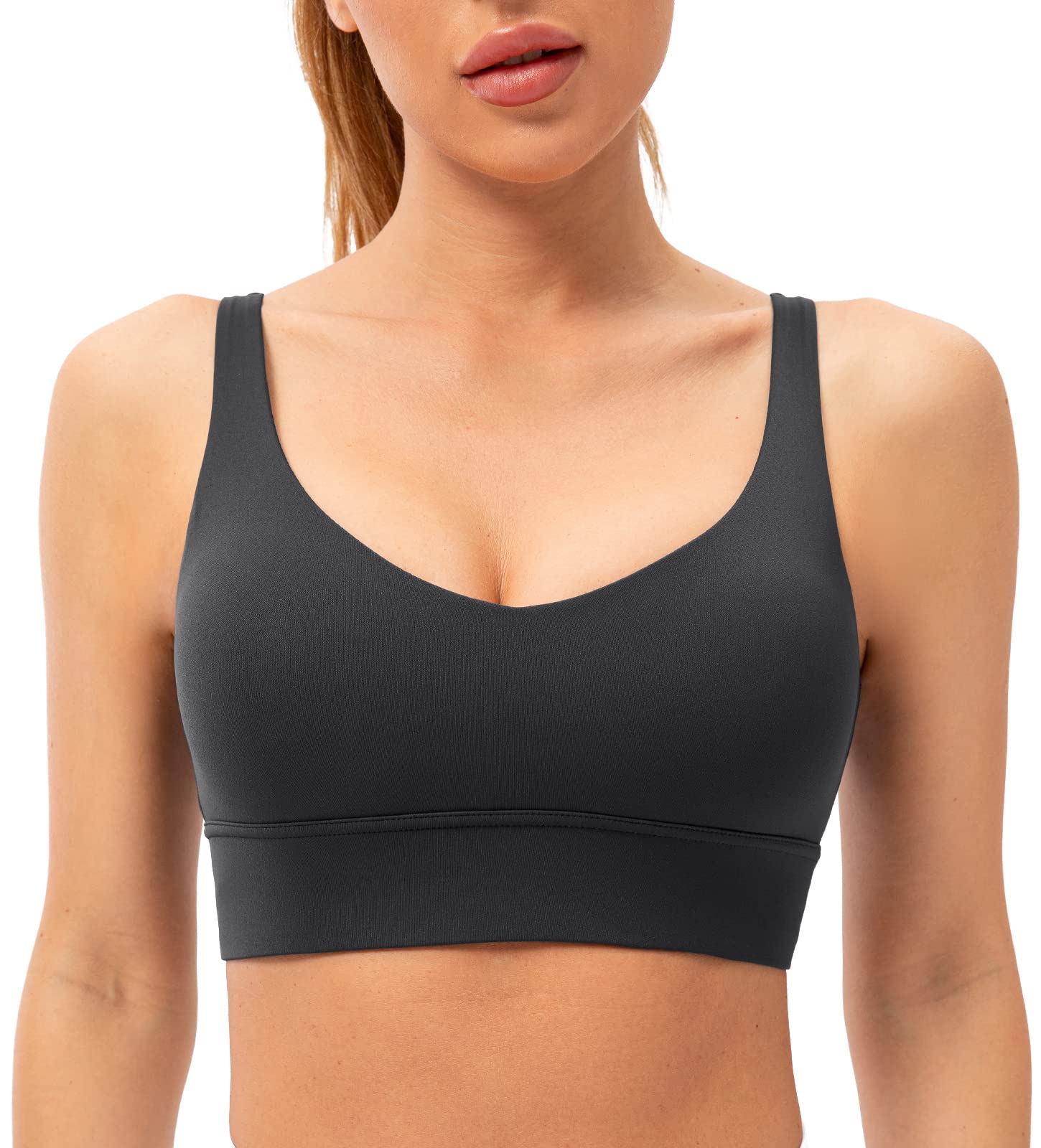Lavento Women's V Neck Sports Bra Padded Workout Yoga Bras Top (Black, 6)