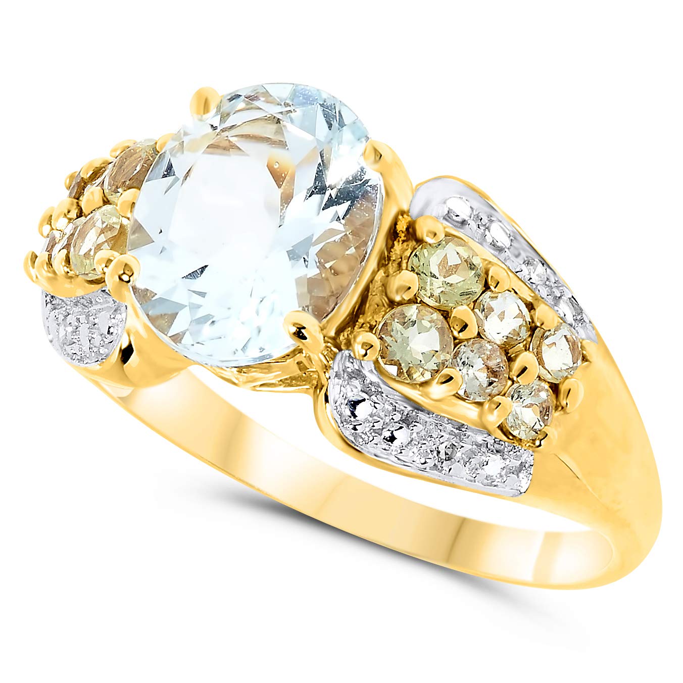 Jewelry Bliss 10k Yellow Gold Oval Blue Aquamarine and Quartz Gemstone and Diamond Ring For Women Size 7