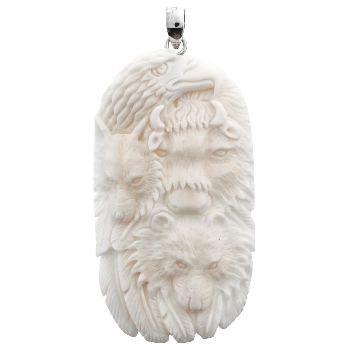 Hand Carving Totem Eagle Wolf Bison Bone 925 Sterling Silver Pendant, 3"