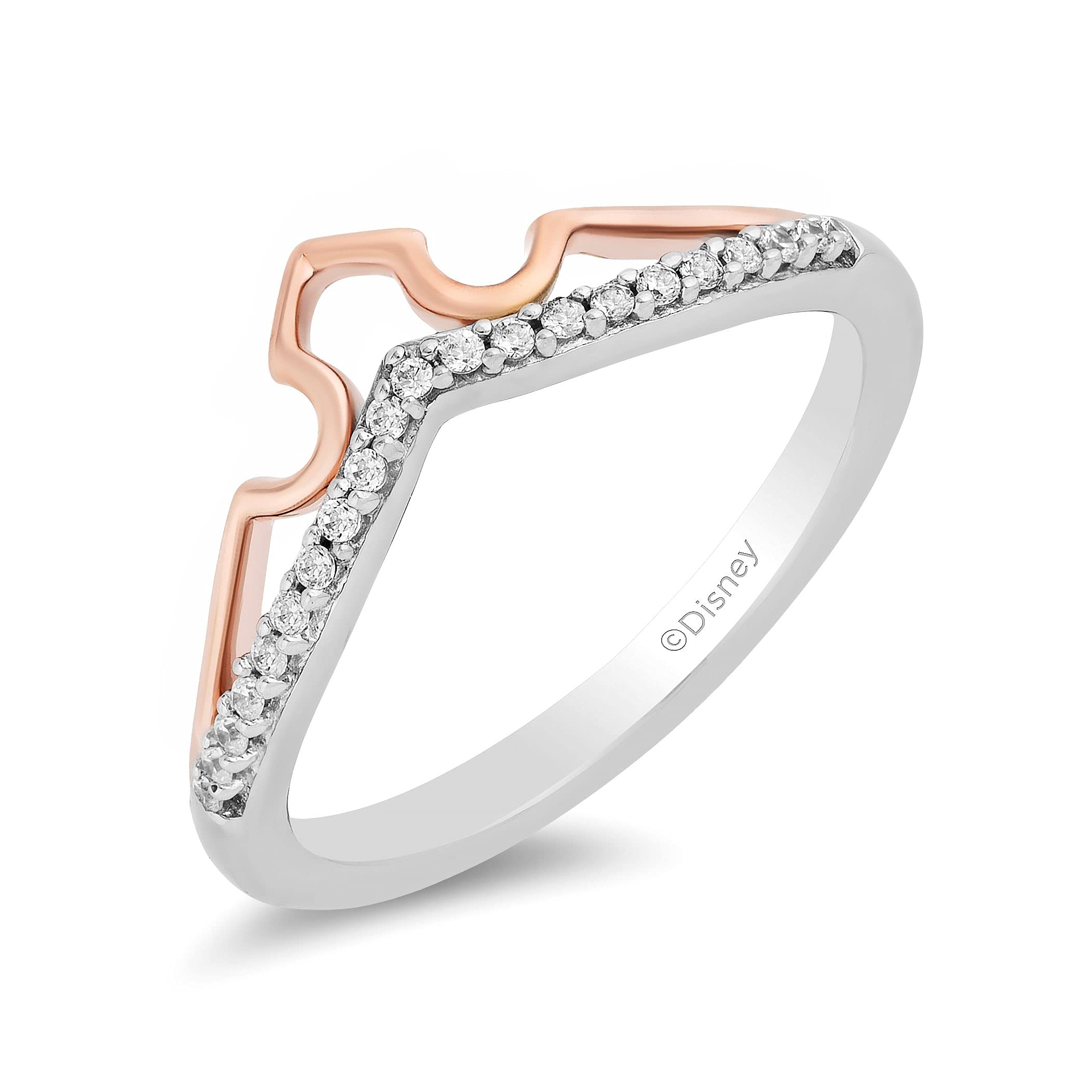Jewelili Enchanted Disney Fine Jewelry 10K Rose Gold and Sterling Silver 1/10 Cttw Natural White Round Diamond Aurora Tiara Ring, Size 5