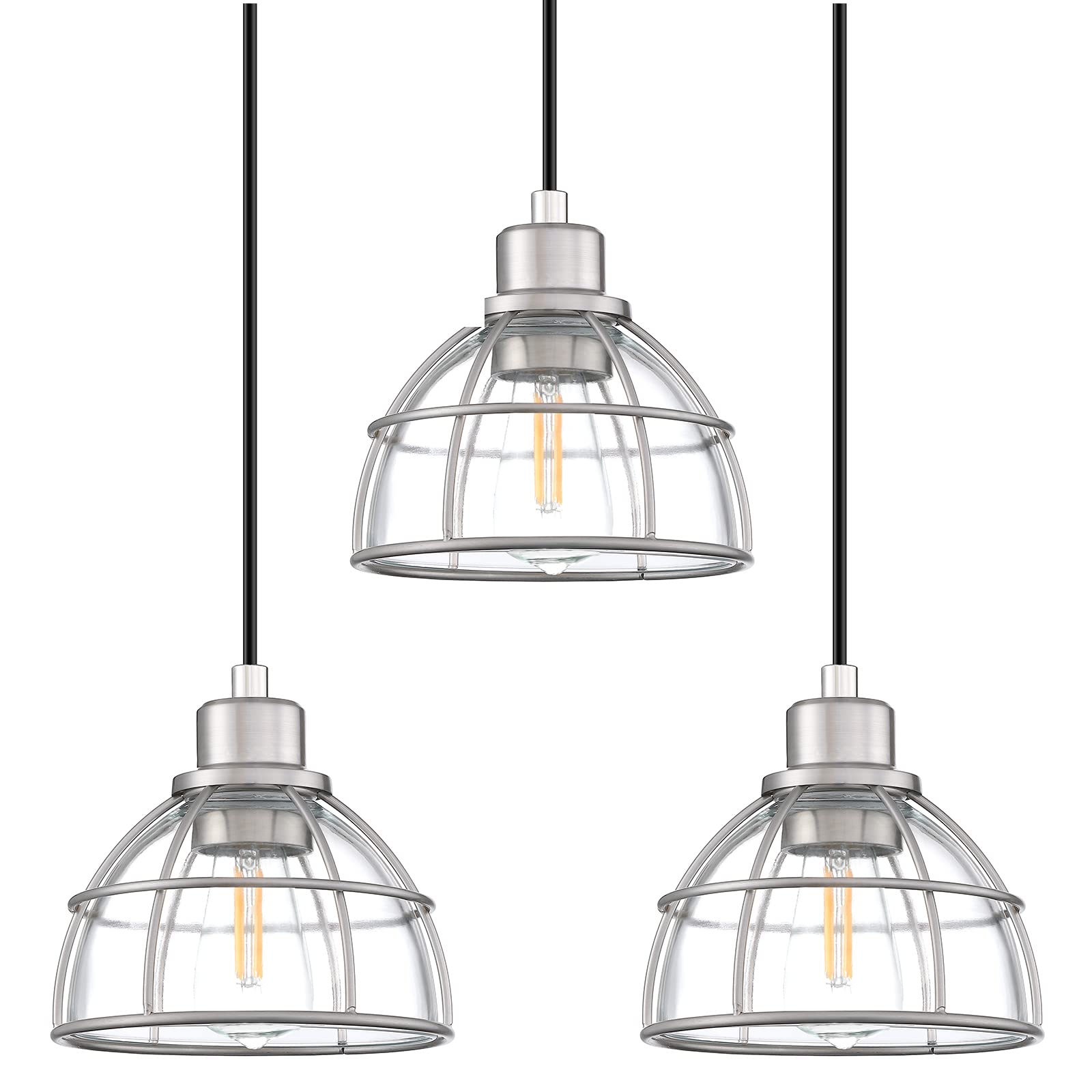 Industrial Hanging Drum Indoor Pendant Ceiling Light Kitchen Island Fixtures Brushed Nickel Finish,Metal Shade for Bar Dining Room Corridor Living Room (3 Pack, Clear Glass Pendant Light)