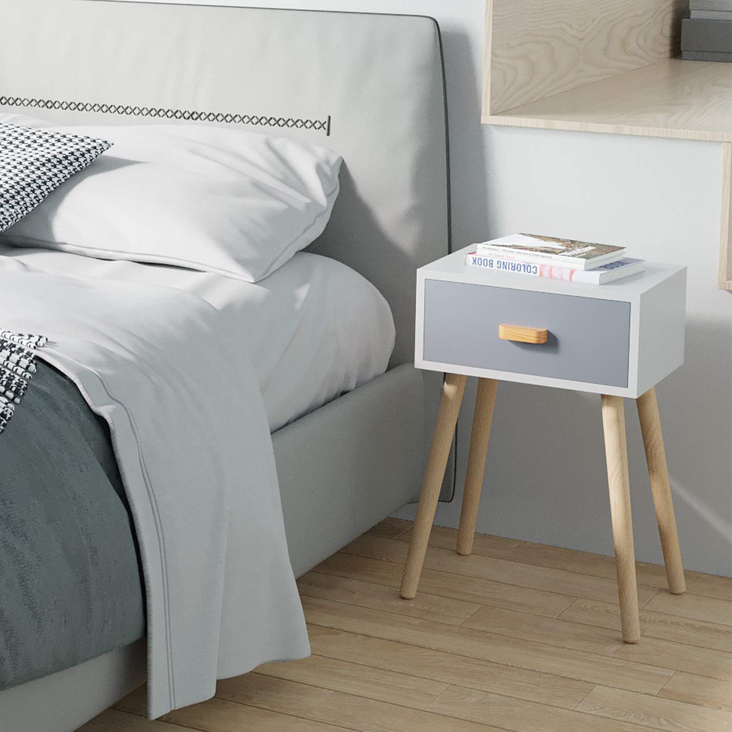 JAXSUNNY Set of 2 Mid-Century Wood Nightstand Side End Table with Storage Drawer and Solid Wood Legs, Bedside Table for Home Furniture,White+Silver Blue Pearl