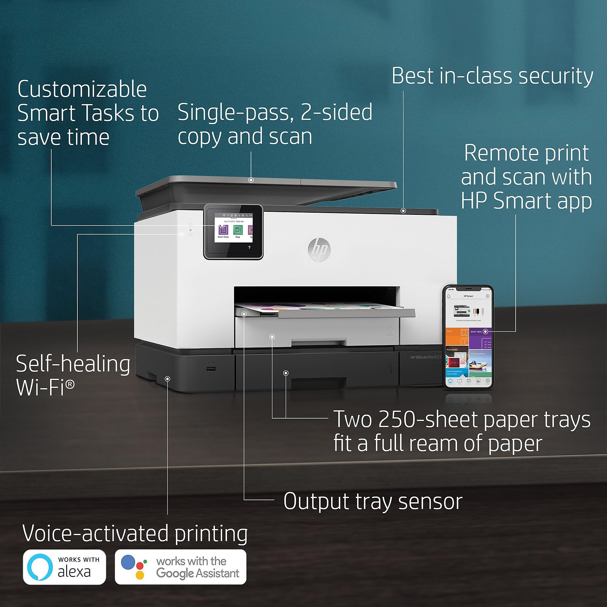 HP OfficeJet Pro 9025 All-in-One Wireless Color Printer, Single-pass (Automatic) Document Feeder & Two Paper Trays, Smart Home Office Productivity, Instant Ink, Works with Alexa (1MR66A)